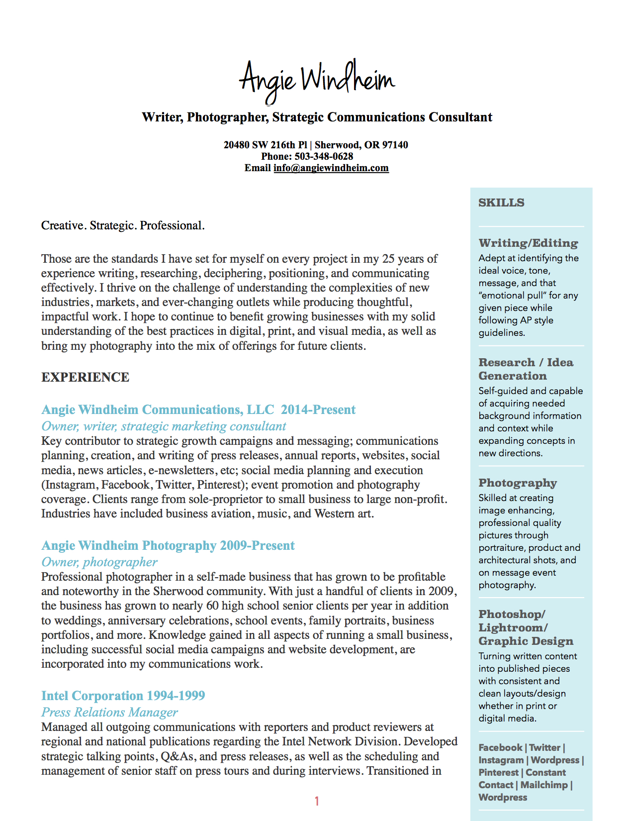 Resume – Angie Windheim Photography